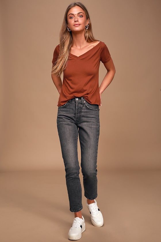 Cute Rust Red Tee - Off-the-Shoulder Tee - Cropped Tee - Lulus