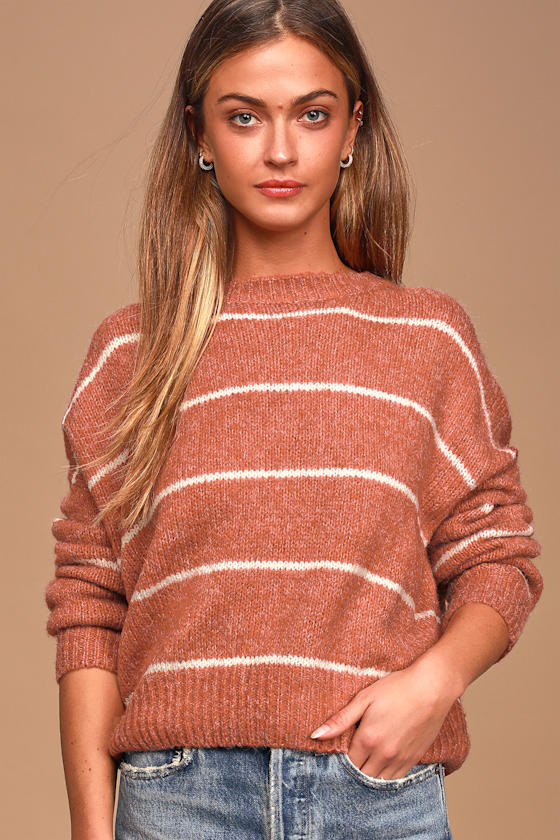 Rust Red and White Striped Sweater - Knit Sweater - Boxy Sweater - Lulus