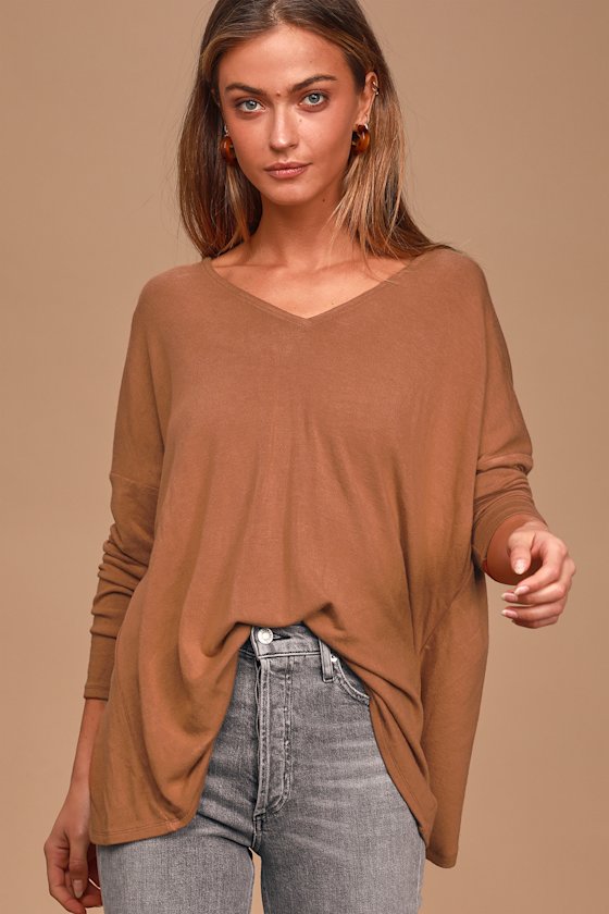 Rust Brown Top Surplice Back Top Oversized Cream V Neck Top Lulus