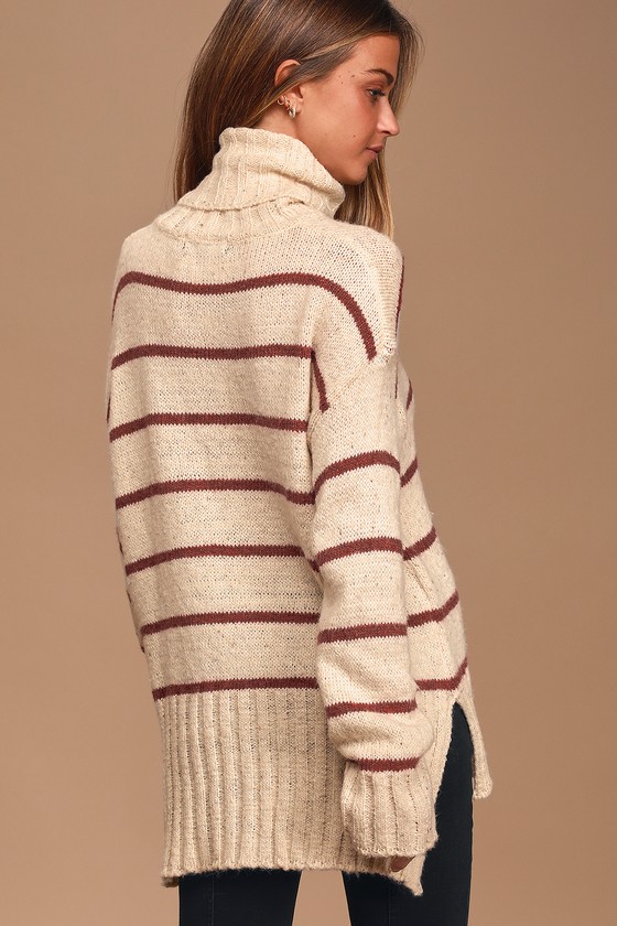 Cute Beige And Burgundy Sweater Striped Sweater Turtleneck Lulus