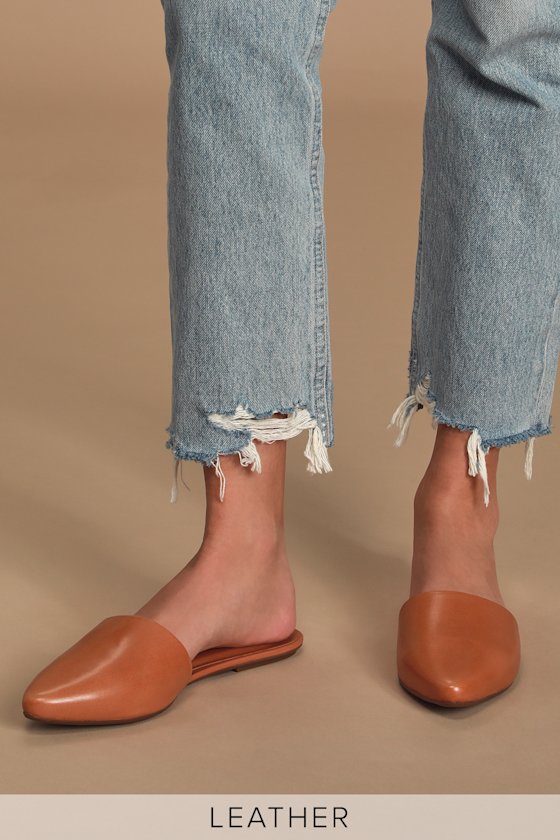 Cute Cognac Slides - Pointed-Toe Slides - Vachetta Leather Slides - Lulus