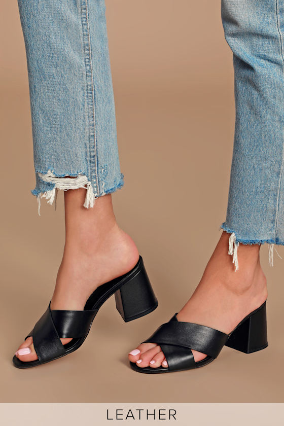 Lulus Henri - Black Nappa Leather Mules - Peep-Toe Mules