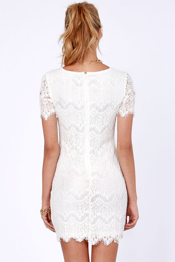 Pretty Lace Dress - White Dress - Sheath Dress - Short Sleeve Dress ...