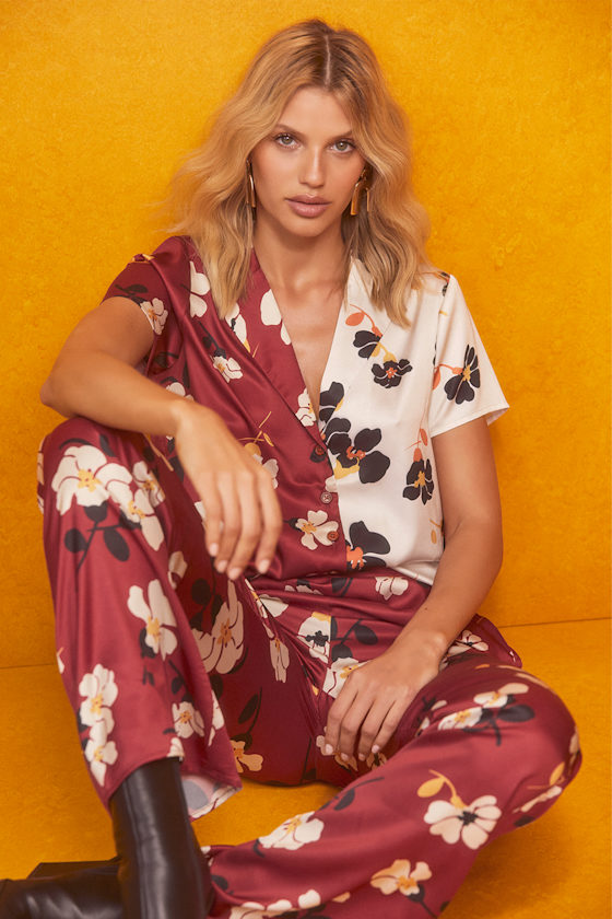 Cute Burgundy Floral Top - Floral Satin Top - Collared Top - Lulus