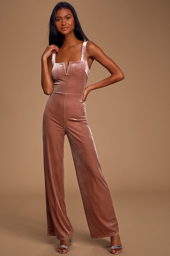 Cute Mauve Jumpsuit Velvet Jumpsuit Notched V Neck Lulus
