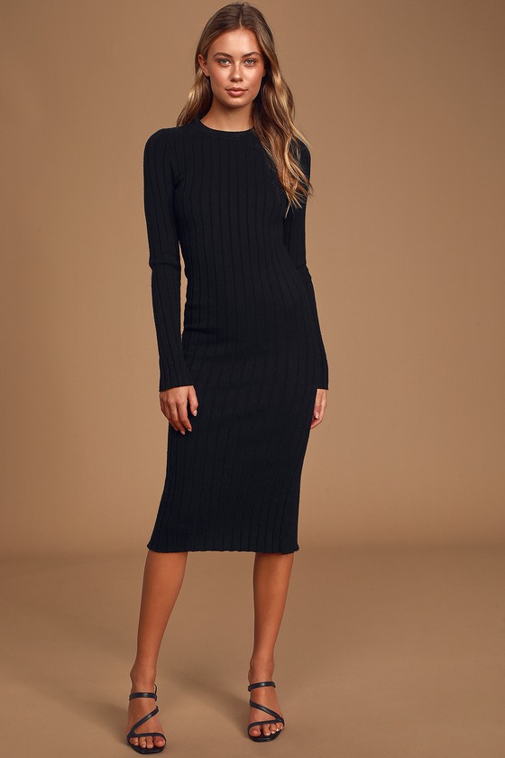 Cute Black Dress Ribbed Sweater Dress Midi Sweater Dress Lulus