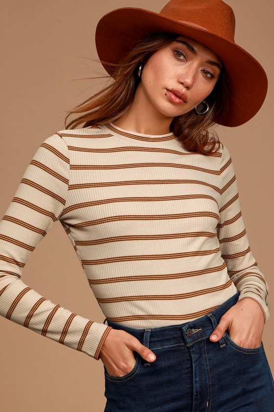 Cute Beige And Camel Striped Top Fitted Long Sleeve Top Top Lulus