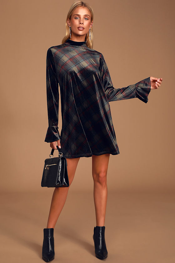 Chic Green Plaid Dress - Velvet Skater Dress - Long Sleeve Dress - Lulus