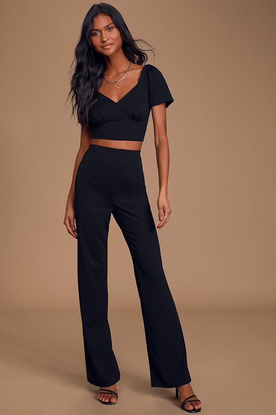 Chic Black Jumpsuit - Two-Piece Jumpsuit - Puff Sleeve Jumpsuit - Lulus