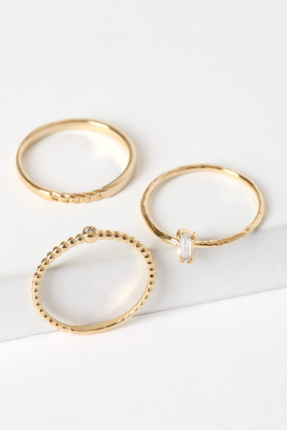 Chic Gold Ring Set - Gold Rhinestone Rings - Dainty Ring Set