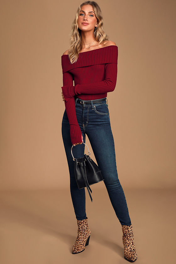 Cute Burgundy Sweater - Off-The-Shoulder Sweater - Ribbed Sweater - Lulus