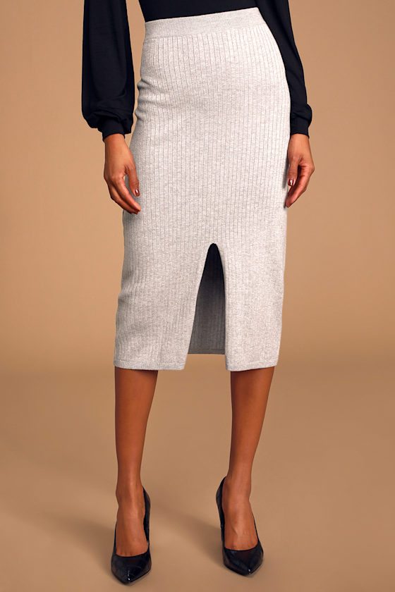Free People Skyline - Heather Grey Midi Skirt - Ribbed Knit Skirt - Lulus
