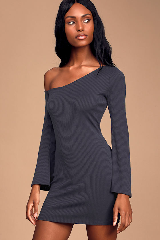Cute Navy Blue Dress - Off-the-Shoulder Dress - Belted Mini Dress - Lulus
