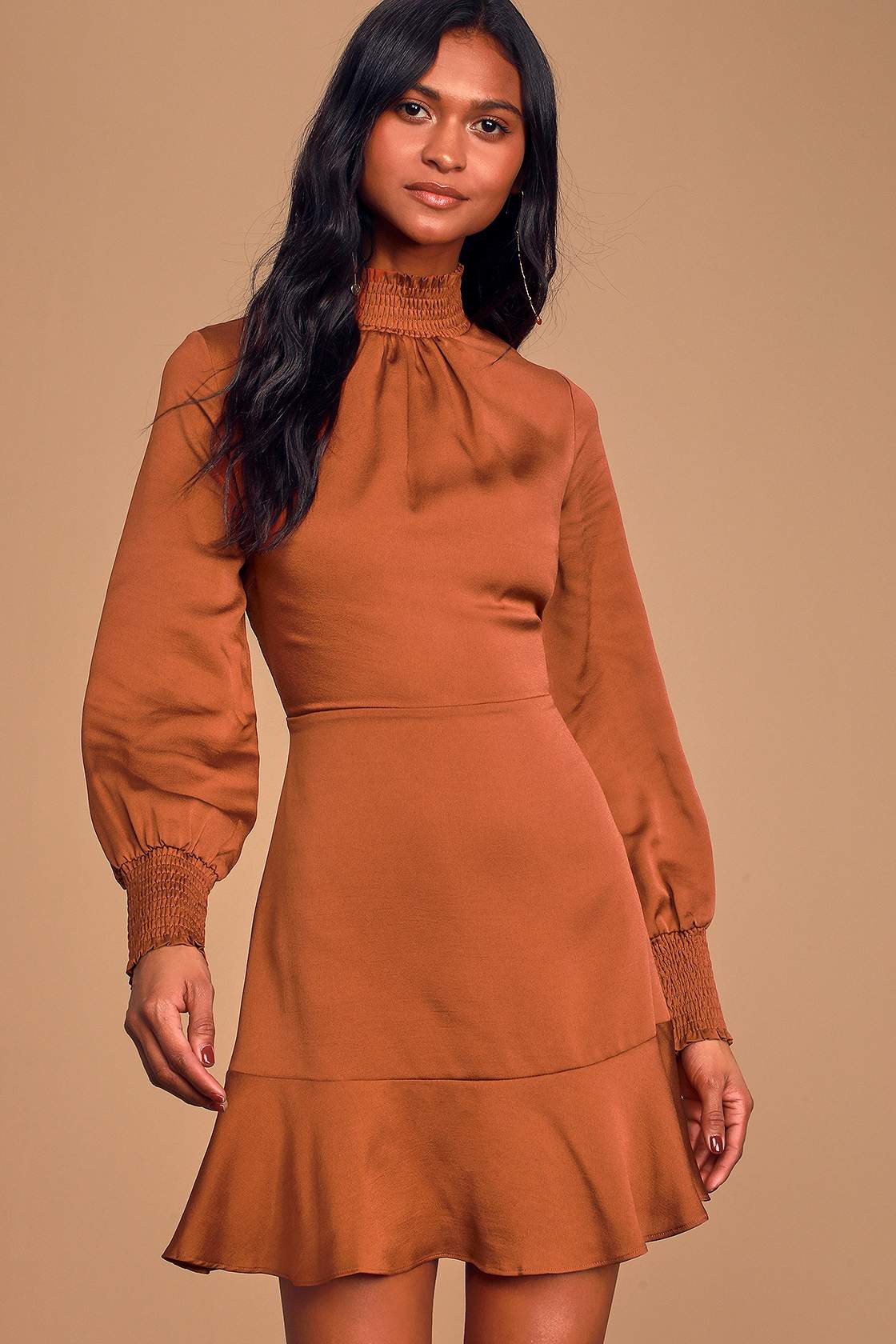 Cute Rust Dress - Long Sleeve Mini Dress - Smocked Mini Dress - Lulus