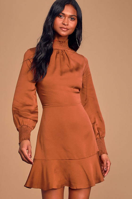 Cute Rust Dress - Long Sleeve Mini Dress - Smocked Mini Dress - Lulus