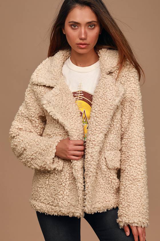 Cute Beige Teddy Jacket - Fuzzy Jacket - Collared Jacket - Lulus