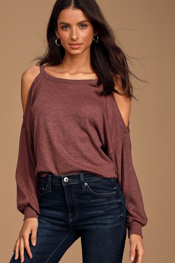 Cute Washed Burgundy Top - Long Sleeve Top - Cold Shoulder Top - Lulus