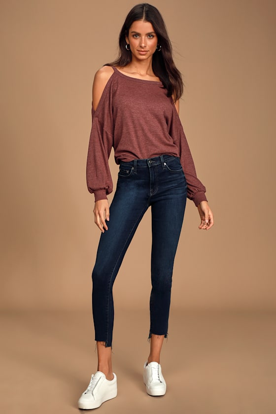 Cute Washed Burgundy Top - Long Sleeve Top - Cold Shoulder Top - Lulus