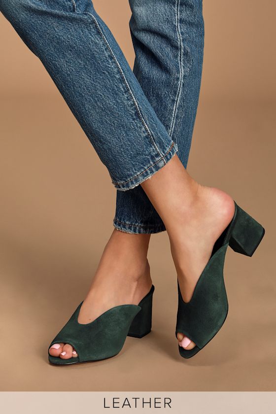 Emerald Green Mules - Genuine Leather Heels - Peep-Toe Mules - Lulus