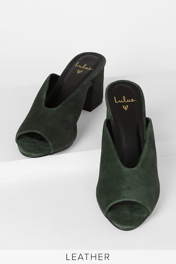 Emerald Green Mules - Genuine Leather Heels - Peep-Toe Mules - Lulus