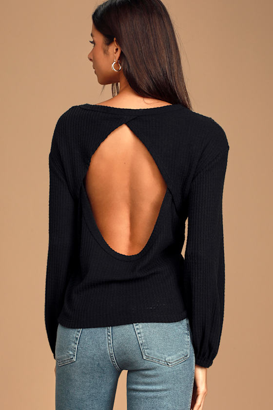 Cute Black Waffle Knit Top - Backless Knit Top - Balloon Sleeve - Lulus
