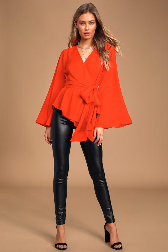 Chic Red Blouse - Wrapping Surplice Top - Bell Sleeve Top - Lulus