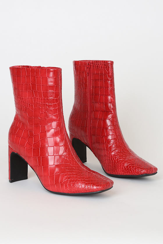 Red Booties - Crocodile Embossed Booties - Square-Toe Booties - Lulus