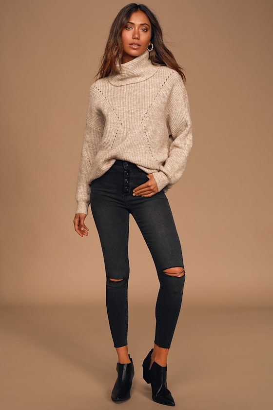 Cute Beige Knit Sweater - Turtleneck Sweater - Keyhole Sweater - Lulus