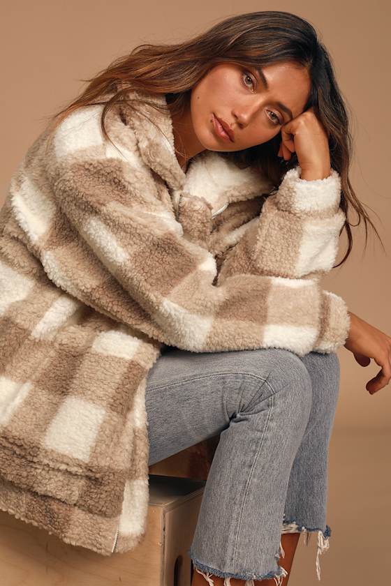Beige Plaid Jacket - Oversized Teddy Jacket - Faux Fur Jacket - Lulus