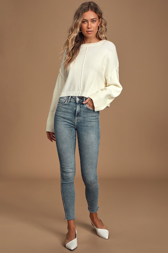 Cute White Sweater - Long Sleeve Knit Top - Trendy Boxy Sweater - Lulus