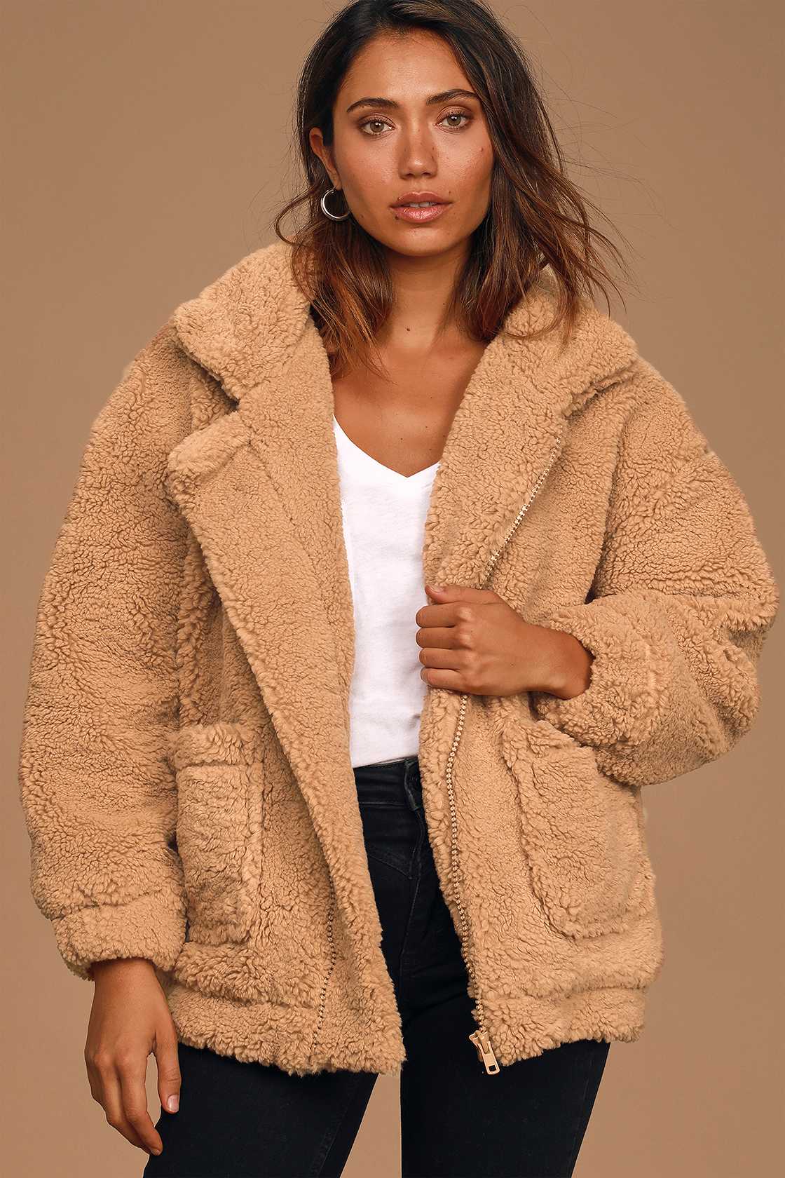 Cute Teddy Woven Jacket - Tan Zip-Front Jacket - Oversized Jacket - Lulus