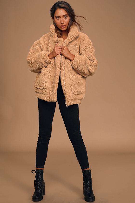 Cute Teddy Woven Jacket - Tan Zip-Front Jacket - Oversized Jacket - Lulus