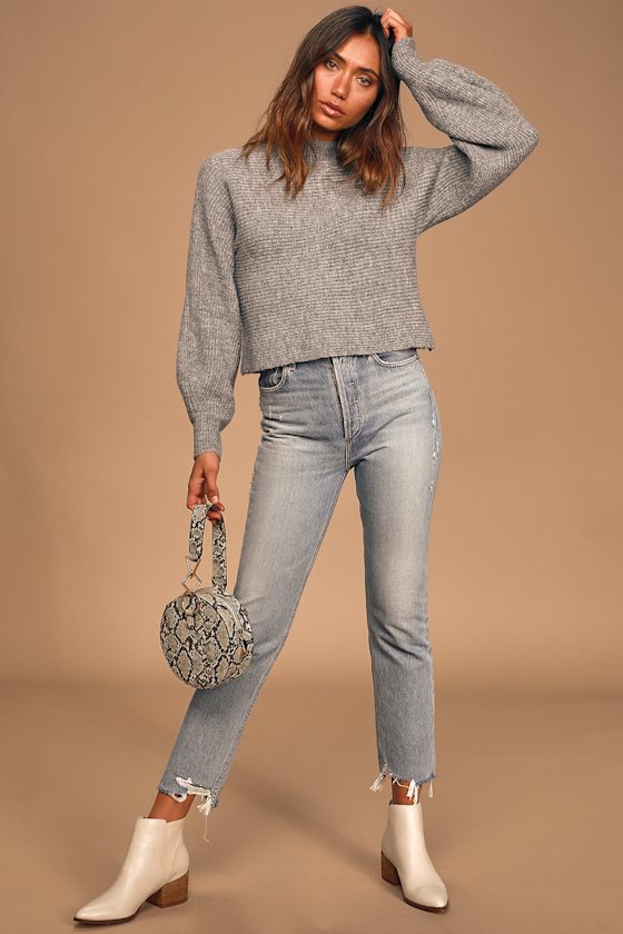 Heather Grey Sweater - Mock Neck Sweater - Balloon Sleeve Sweater - Lulus
