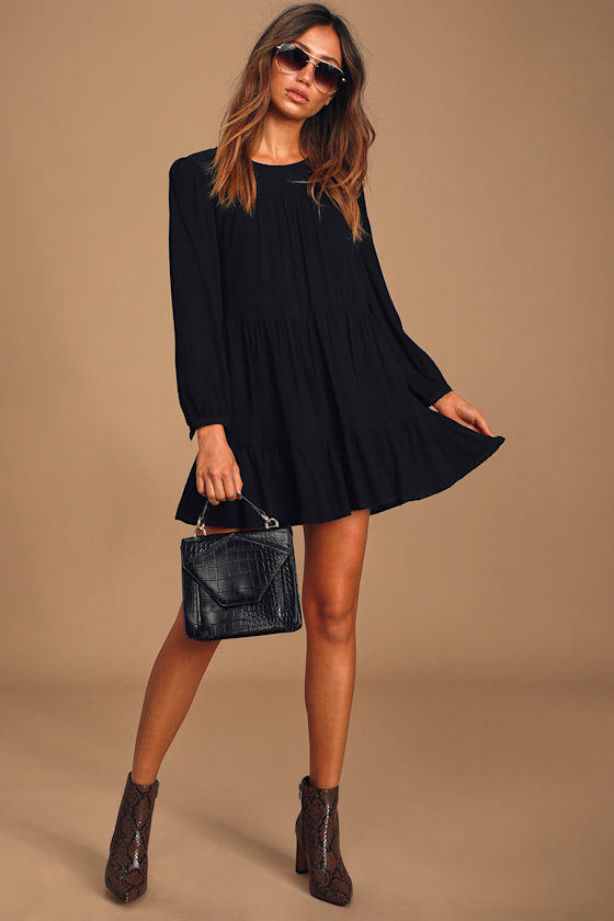 Cute Black Dress - Long Sleeve Swing Dress - Tiered Mini Dress - Lulus