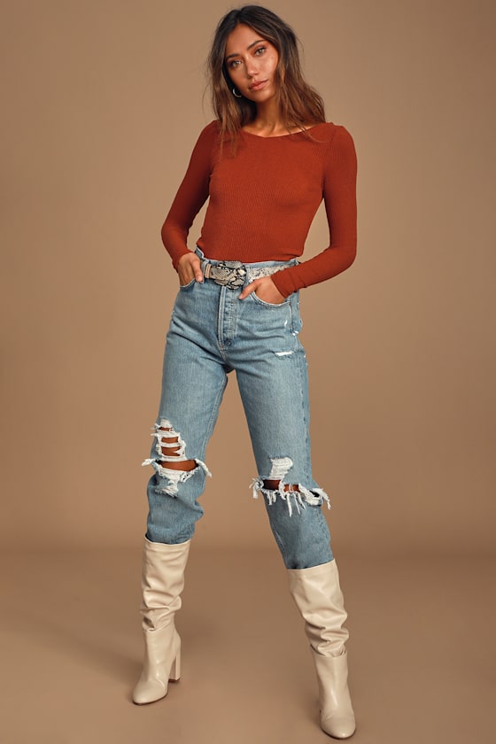 Project Social T Paige - Orange Long Sleeve Top - Ribbed Knit Top - Lulus