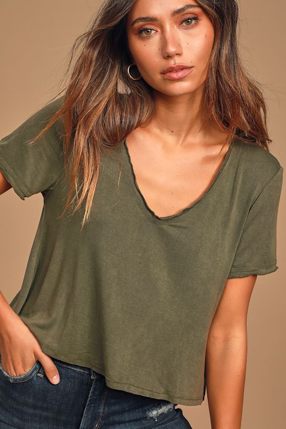 Trendy Washed Olive Green Tee - Basic T-Shirt - Boxy Basic Tee - Lulus
