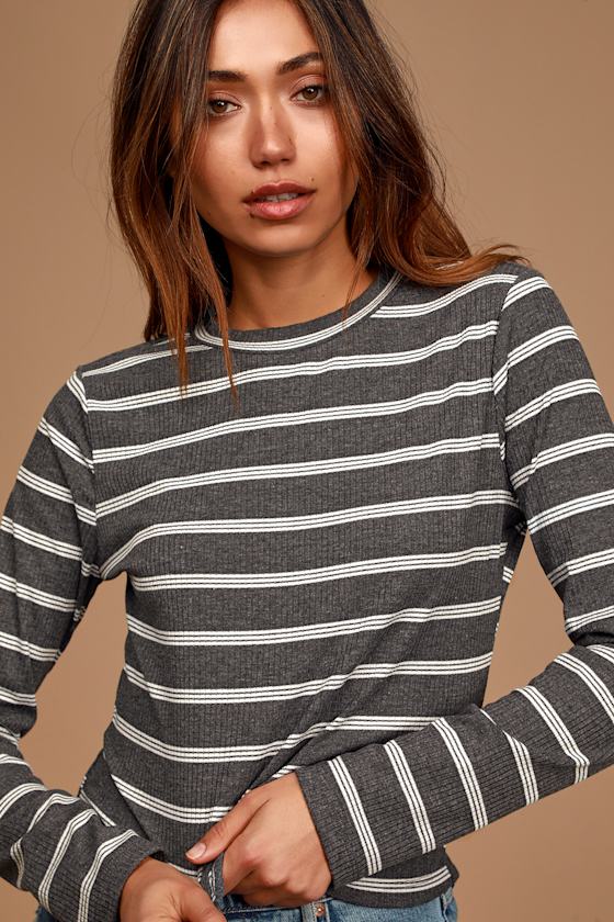 Cute Grey and White Striped Top - Fitted Long Sleeve Top - Top - Lulus