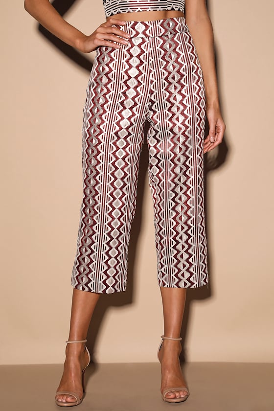 Burgundy Multi Print Pants - Culotte Pants - Jacquard Pants - Lulus