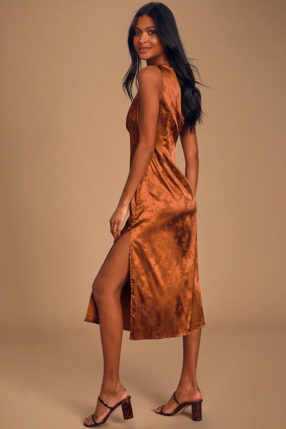 Lovely Rust Brown Dress - Satin Midi Dress - Sleeveless Dress - Lulus
