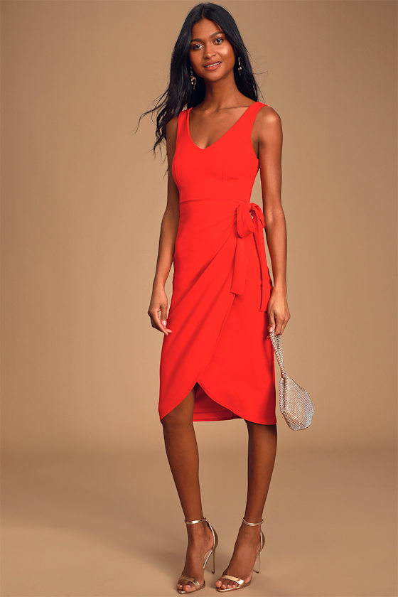Cute Red Dress - Faux Wrapping Midi Dress - Tulip Hem Dress - Lulus