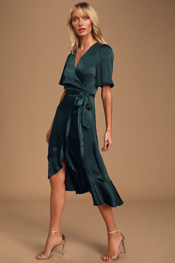 Dark Green Dress - Satin Dress - Satin Wrap Dress - Midi Dress - Lulus