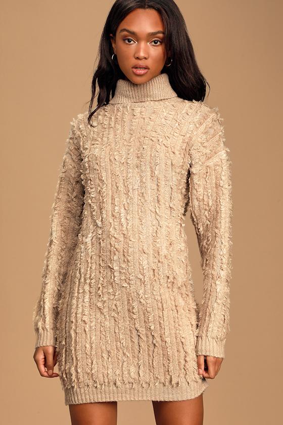 Cute Beige Sweater Dress - Turtleneck Dress - Knit Sweater Dress - Lulus