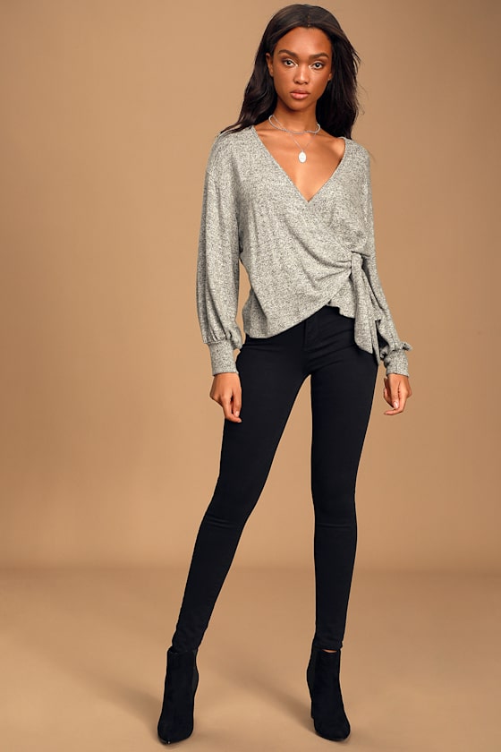 Chic Heather Grey Top - Faux-Wrap Top - Long Balloon Sleeve Top - Lulus