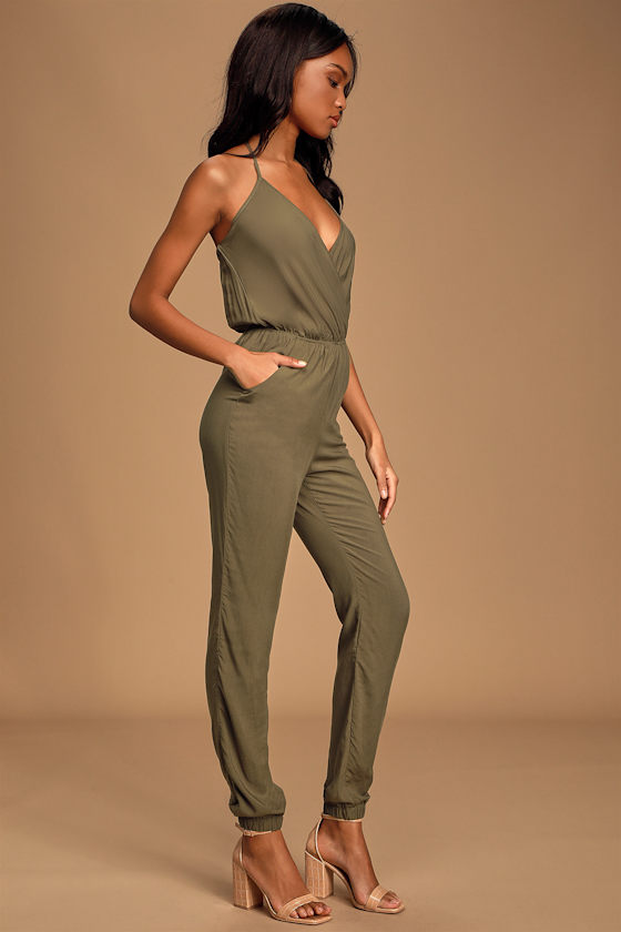 Cute Olive Green Jumpsuit - Surplice Jumpsuit - Halter Jumpsuit - Lulus