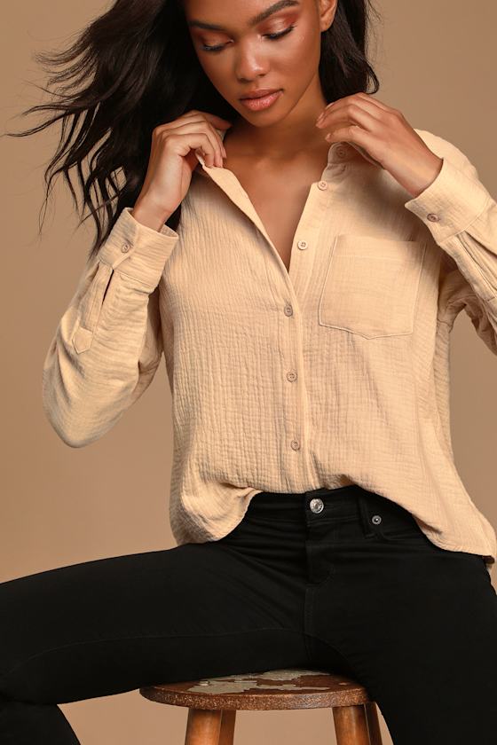 Cute Beige Top - Button-Up Top - Long Sleeve Button-Up Top - Lulus