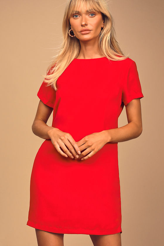 Chic Red Dress - Shift Dress - Short Sleeve Dress - Lulus