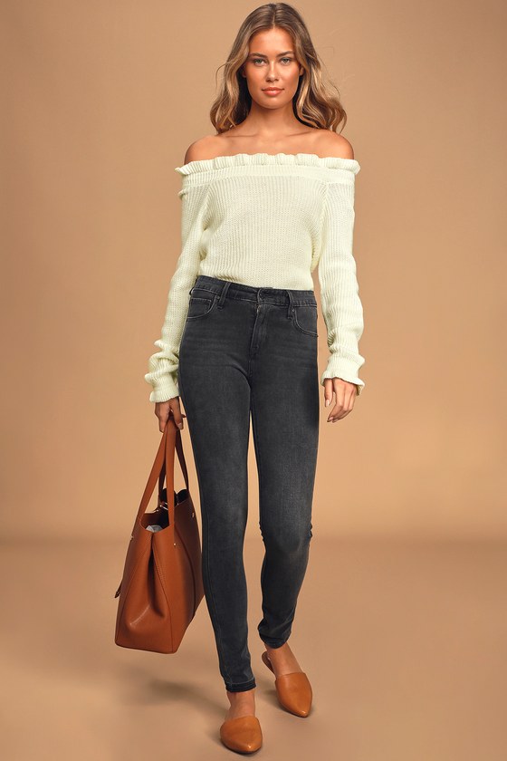 Cute White Sweater Off The Shoulder Sweater Ruffled Sweater