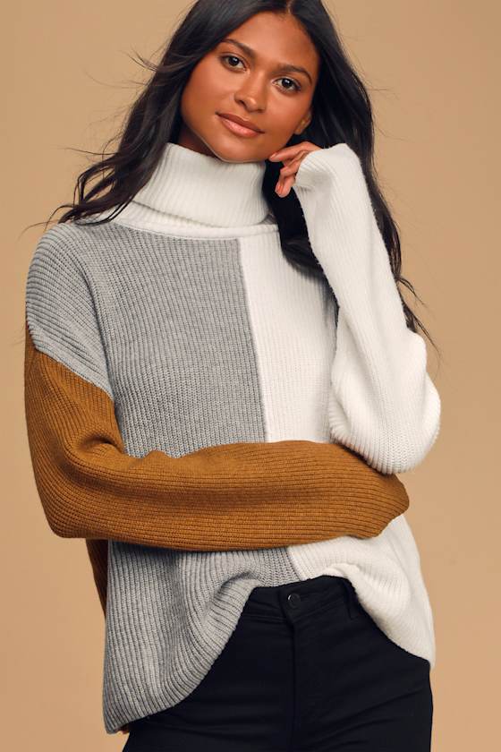 Cute White Sweater - Color Block Sweater - Turtleneck Sweater - Lulus