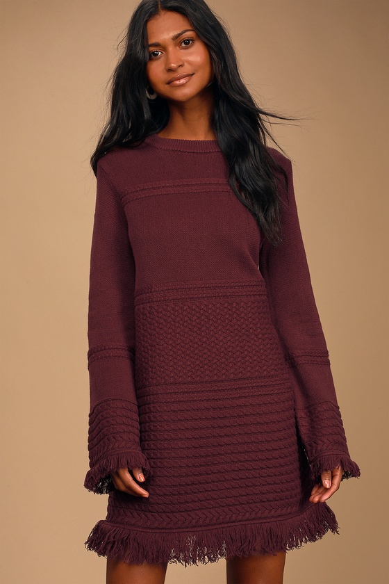 Burgundy Dress Cable Snit Sweater Dress Long Sleeve Dress Lulus