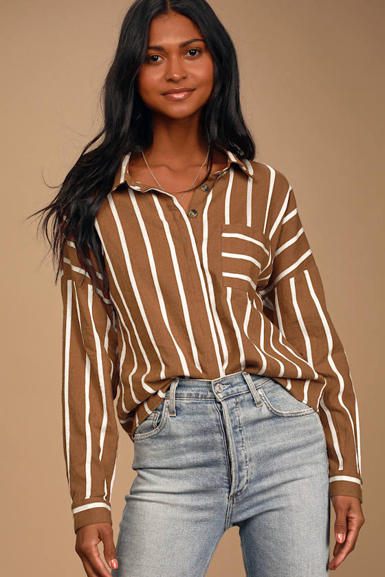 Brown and White Top - Long Sleeve Top - Collared Button-Up Top - Lulus